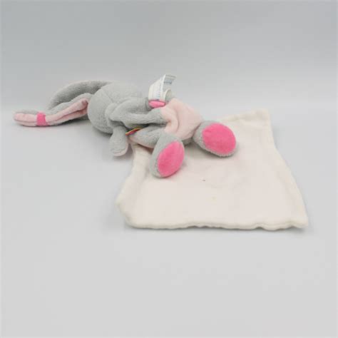 Doudou Lapin Gris Rose Blanc Mouchoir Cajou SUCRE D ORGE
