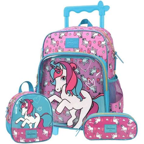 Kit Mochila Rodinhas Up4you Unicórnio Lancheira e Estojo em