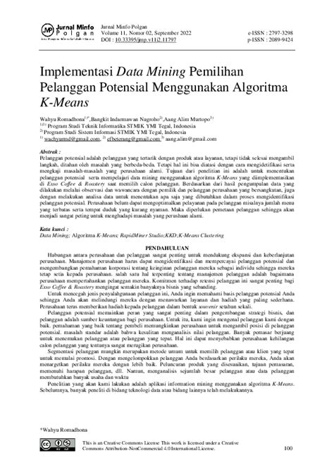 pdf implementasi data mining pemilihan pelanggan potensial menggunakan algoritma k means
