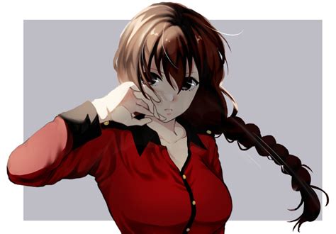 Safebooru 1girl Border Braid Brown Eyes Brown Hair Frown Girls Und Panzer Grey Background Hair