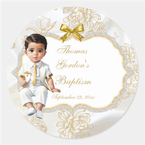 Pegatina Redonda Niño Comunión de bautismo étnico blanco y oro Zazzle es