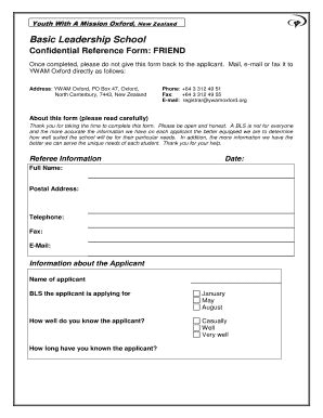 Fillable Online BLS Reference Form F YWAM Oxford Fax Email Print