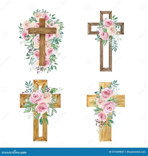 Watercolor Crosses Decorated With Roses Easter Religious Symbol Stock