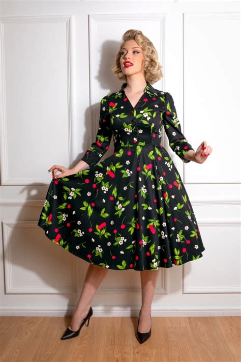 Hearts Roses 50s Natasha Cherry Swing Dress In Black Shop At Topvintage