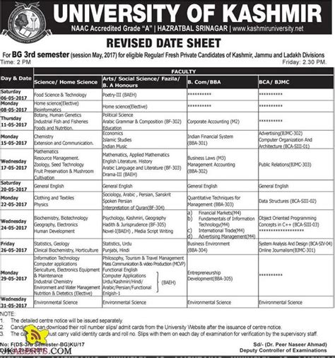UNIVERSITY OF KASHMIR REVISED DATE SHEET For BG 3rd Semester Jammu