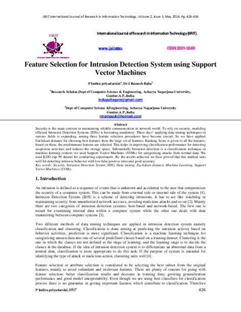 pdf feature selection for intrusion detection system using support vector machines indira