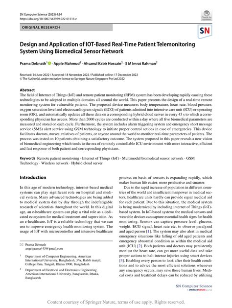 design and application of iot based real time patient telemonitoring system using biomedical