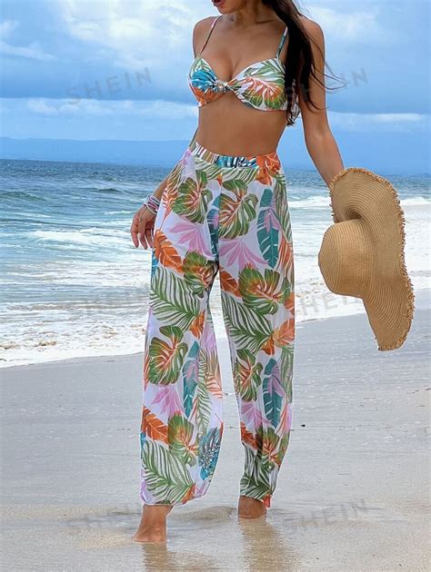 SHEIN VCAY 3 piezas Bañador bikini con estampado tropical corte alto
