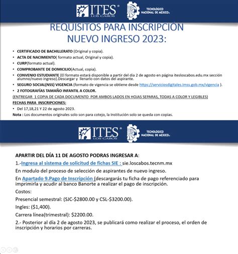 Requisitos y costos de inscripción de nuevo ingreso ITES