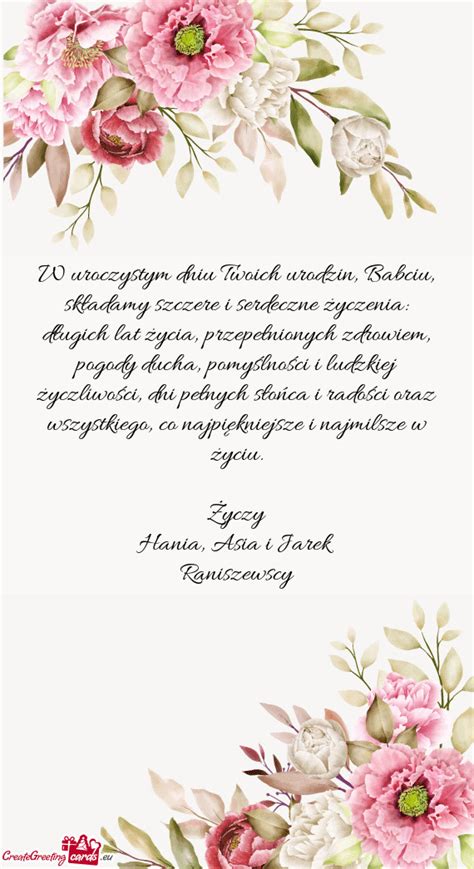W uroczystym dniu Twoich urodzin Babciu składamy szczere i serdeczne