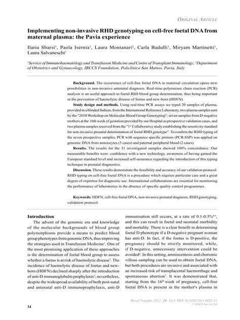 pdf implementing non invasive rhd genotyping on cell free foetal dna from maternal plasma the