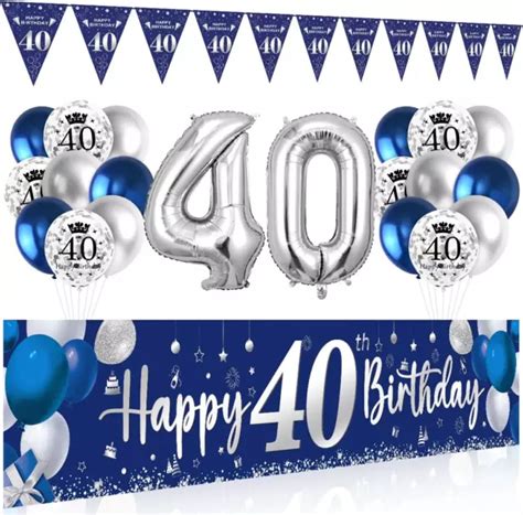 40 GEBURTSTAG DEKO Mann Frau 40 Happy Birthday Banner Blau Silber