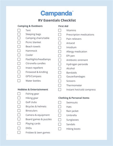 RV Checklists 6 Printable Packing Lists Campanda