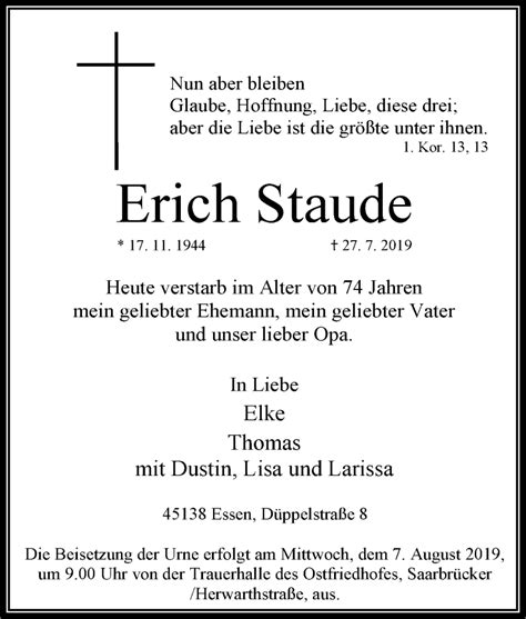 Traueranzeigen Von Erich Staude Trauer In NRW De