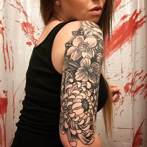 Black And Grey Flower Sleeve Tattoos