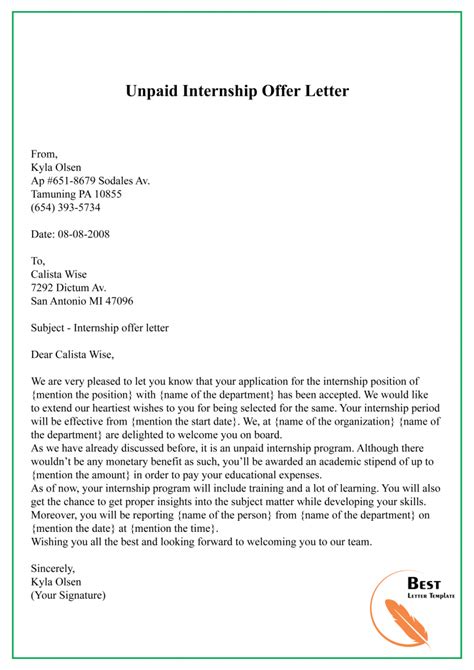 Free Internship Offer Letter Template Sample Example