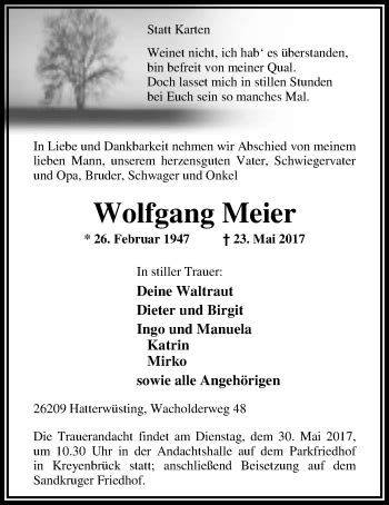 Traueranzeigen Von Wolfgang Meier Nordwest Trauer De