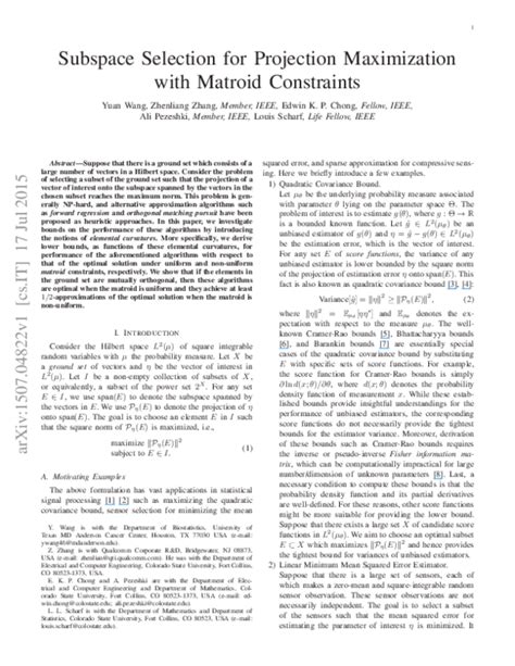 pdf subspace selection for projection maximization with matroid constraints edwin chong