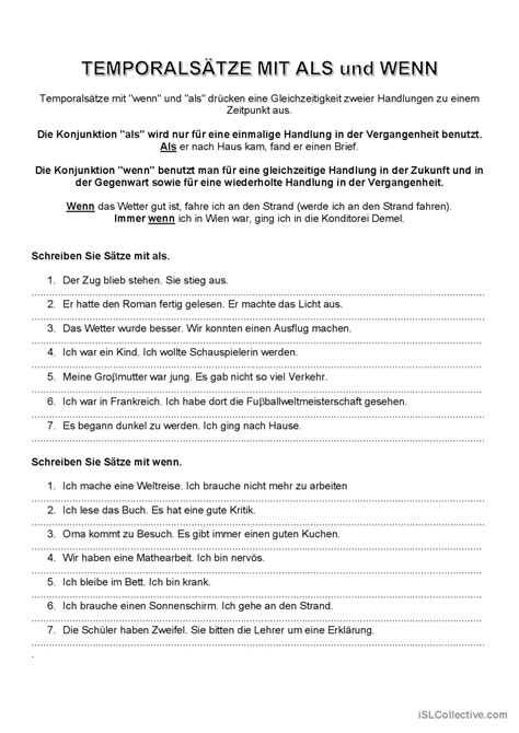 Temporalsätze mit als oder wenn allg Deutsch DAF Arbeitsblätter pdf doc