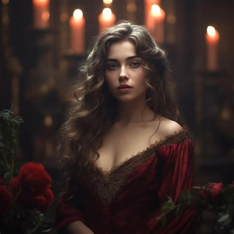 Premium AI Image A Woman In A Red Dress With A Red Rose In The Background