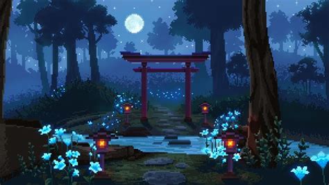 An Image Of A Night In The Forest With Lanterns And Flowers On The Path