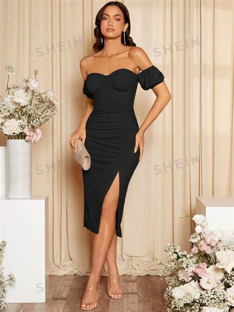 SHEIN Belle Off Shoulder Puff Sleeve Split Thigh Ruched Bustier Bodycon