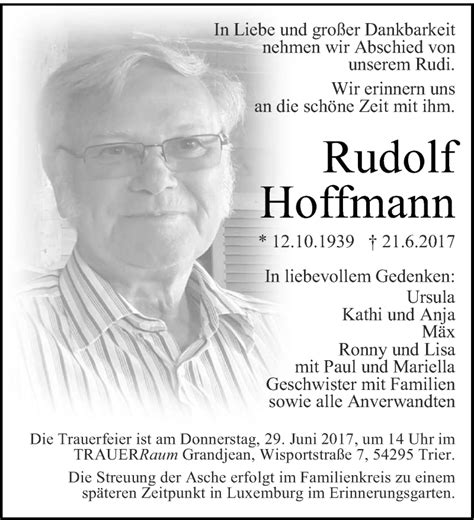 Traueranzeigen Von Rudolf Hoffmann Volksfreund Trauer De