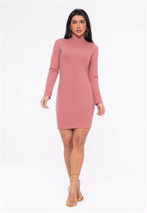 Vestido Curto Canelado Manga Longa Paula Cia Do Vestido Os Melhores