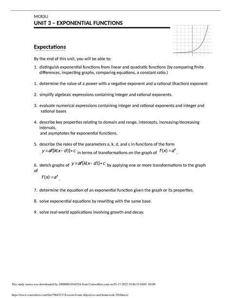 lesson 0 unit objectives and homework 2016 mcr3u unit 3 exponential functions expectations