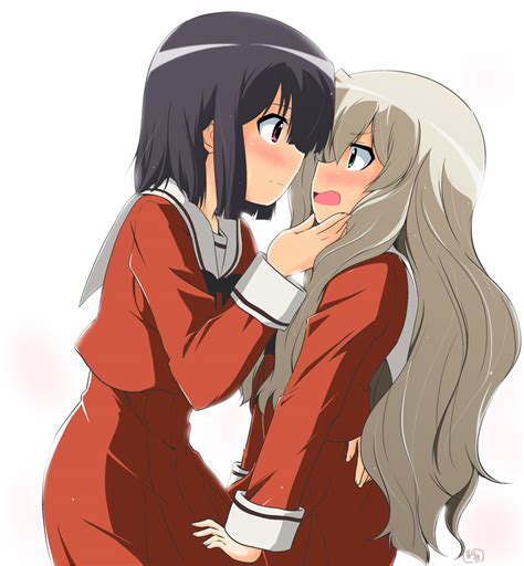Safebooru Bad Id Black Hair Blonde Hair Blush Eye Contact Green Eyes Hand On Anothers Face