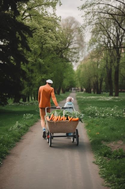 Premium AI Image A Man Pushing A Wagon Filled With Carrots Down A