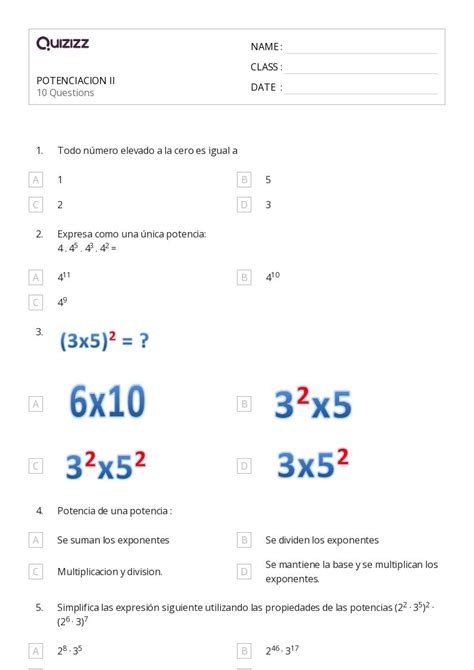 50 Propiedades De Los Exponentes Hojas De Trabajo Para Grado 1 En