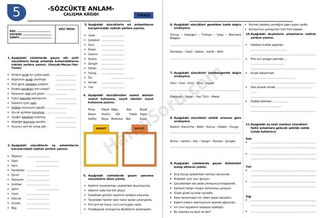 5 Sınıf Türkçe Sözcükte Anlam Çalışma Kağıdı HangiSoru