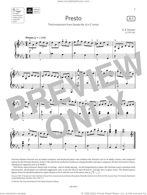 Presto Grade List A From The Abrsm Piano Syllabus And