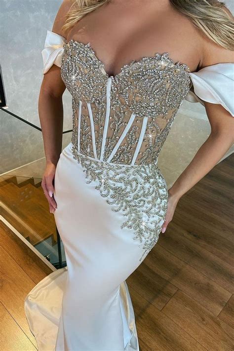 Miabel New Arrive White Off The Shoulder Mermaid Prom Dress Long With Beads