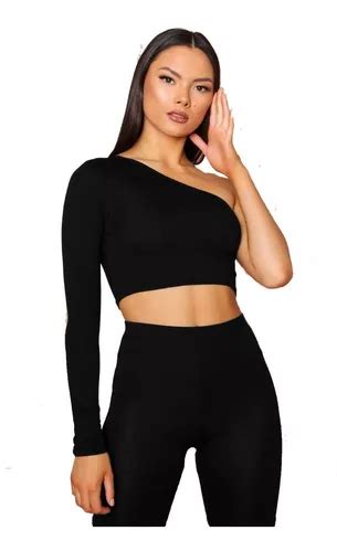 Blusa Feminina Cropped Mula Manca Um Ombro Só Manga Longa
