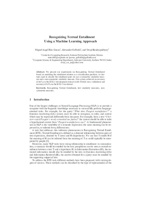 pdf recognizing textual entailment using a machine learning approach alexander gelbukh