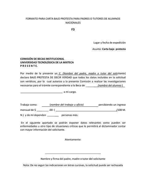 Carta Bajo Protesta De Decir Verdad Para Una Beca Compartir Cartas