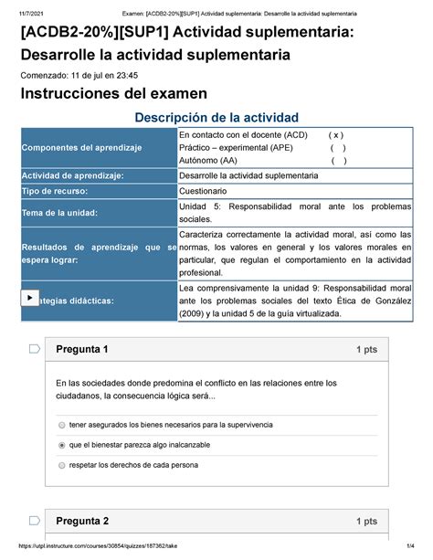 Examen ACDB 2 20 SUP 1 Actividad Suplementaria Desarrolle La