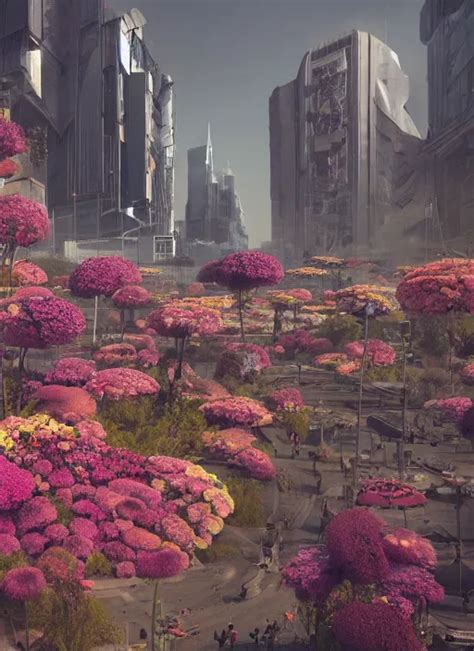 A Dystopian Future In A City Covered In Flowers From Stable Diffusion