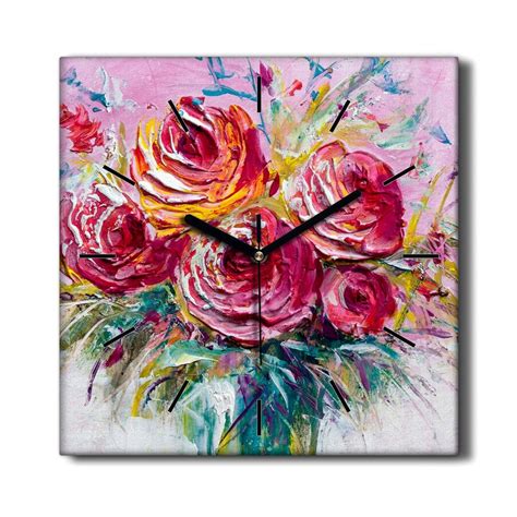 Drewniany zegar na płótnie Malarstwo kwiaty 30x30 Coloray Coloray