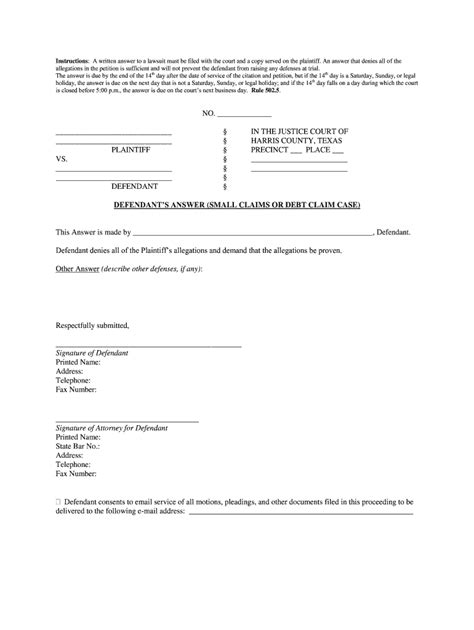 TX Defendants Answer Small Claims Or Debt Claim Case Complete