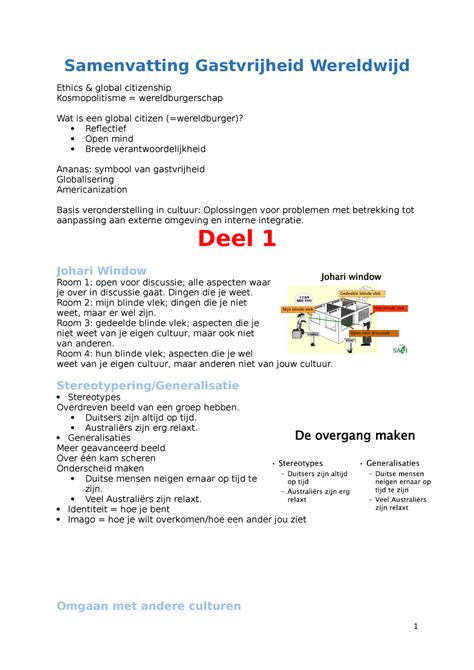 Samenvatting College Alle Weken Samenvatting Gastvrijheid
