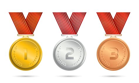 Conjunto De Medalha De Ouro Prata E Bronze Fita Vetor Premium