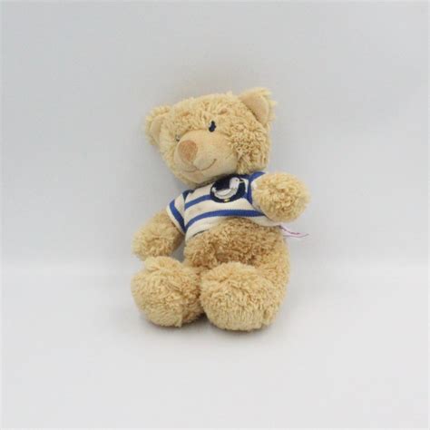 Doudou Ours beige pull bleu rayé marin Pommette