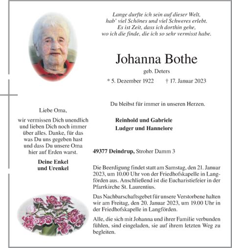 Traueranzeigen Von Johanna Bothe Om Trauer De