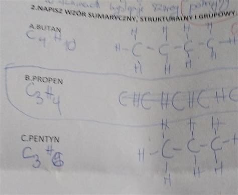 napisz wzór sumaryczny strukturalny i grupowy butan propen pentyn