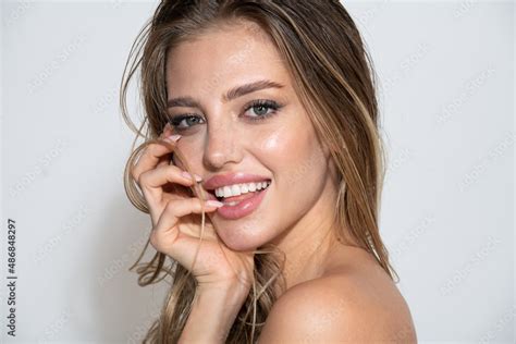 Natural Female Beauty Concept Beautiful Smiling Woman With Naked Shoulder Isolated On White