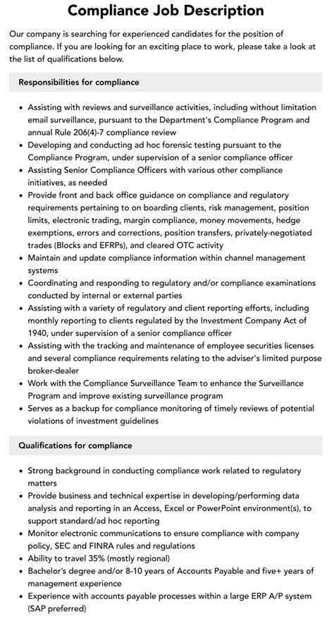 Compliance Job Description Velvet Jobs