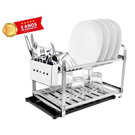 Escorredor Inox 16 Pratos Secador Louca Porta Talheres Inox Mais